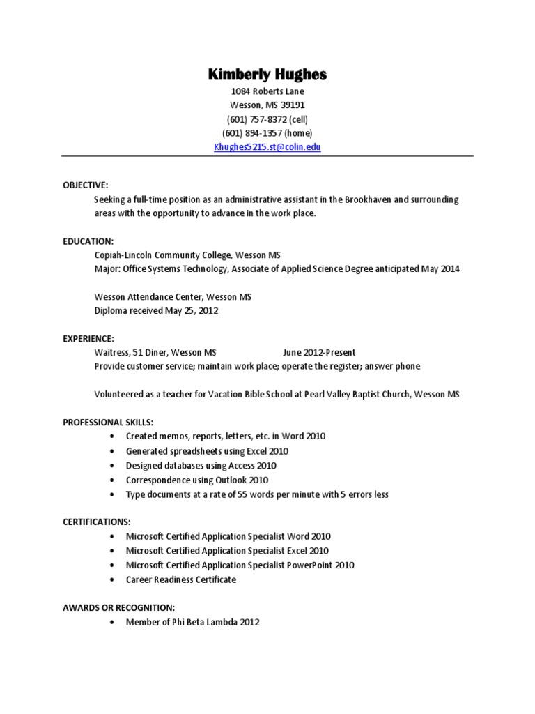 Plain Text Resume of Kimberly Hughes | PDF