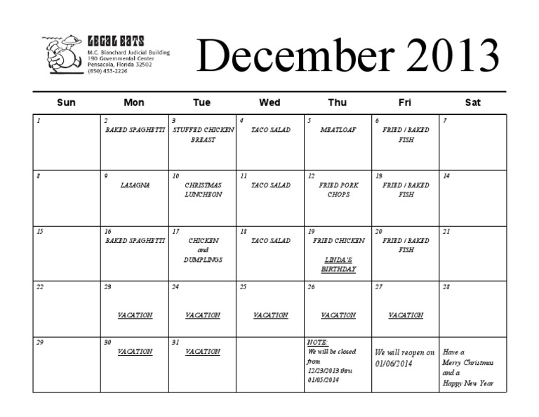 December 2013 Menu and Closure Notice | PDF
