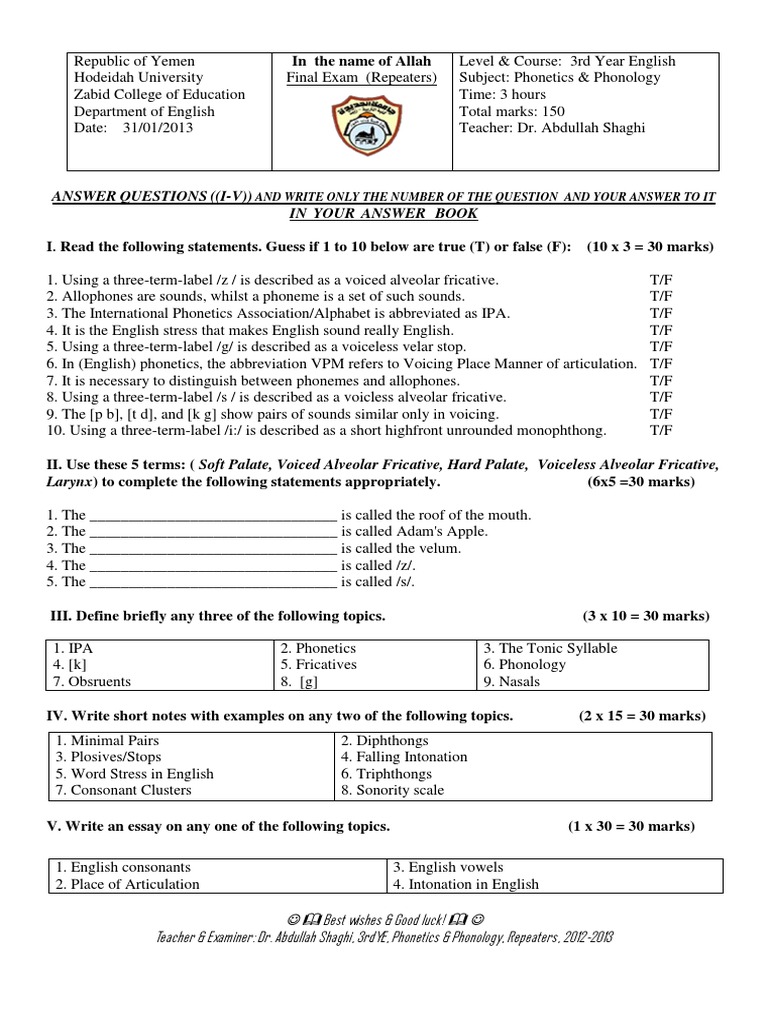 Phonetics & Phonology Exam Guide | PDF | Phonetics | Consonant