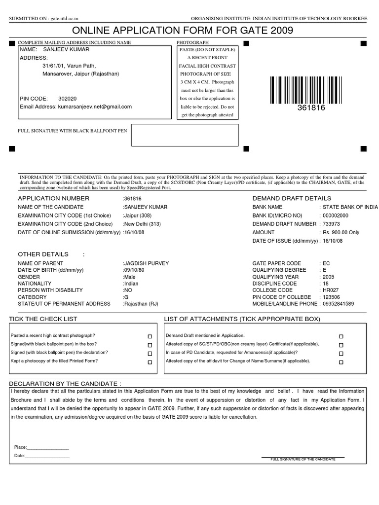Online Application Form For Gate 2009: Application Number Demand Draft ...