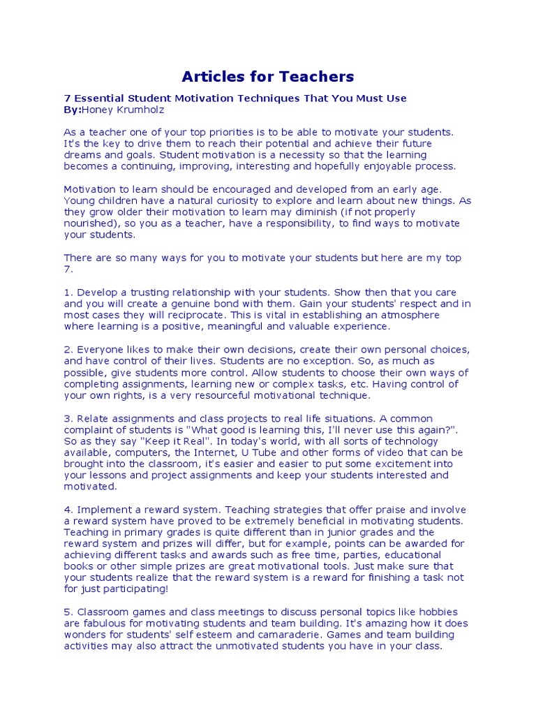 Articles For Teachers | PDF | Motivation | Motivational