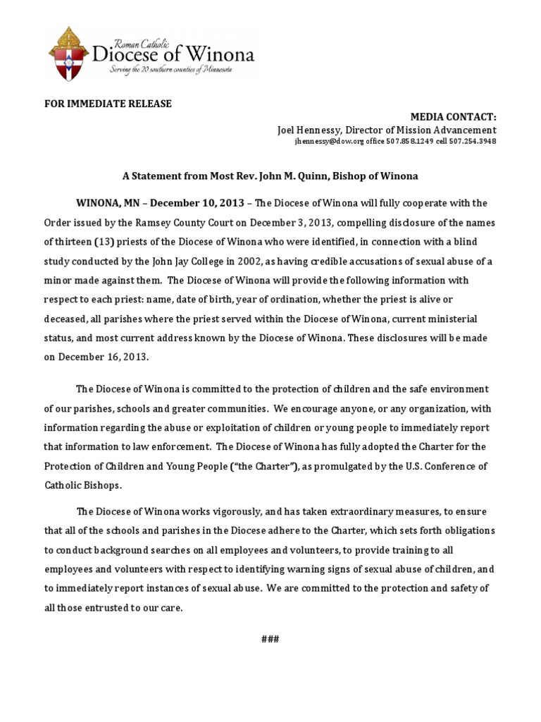 Winona Diocese Disclosure Announcement | PDF | Wellness | Religion ...