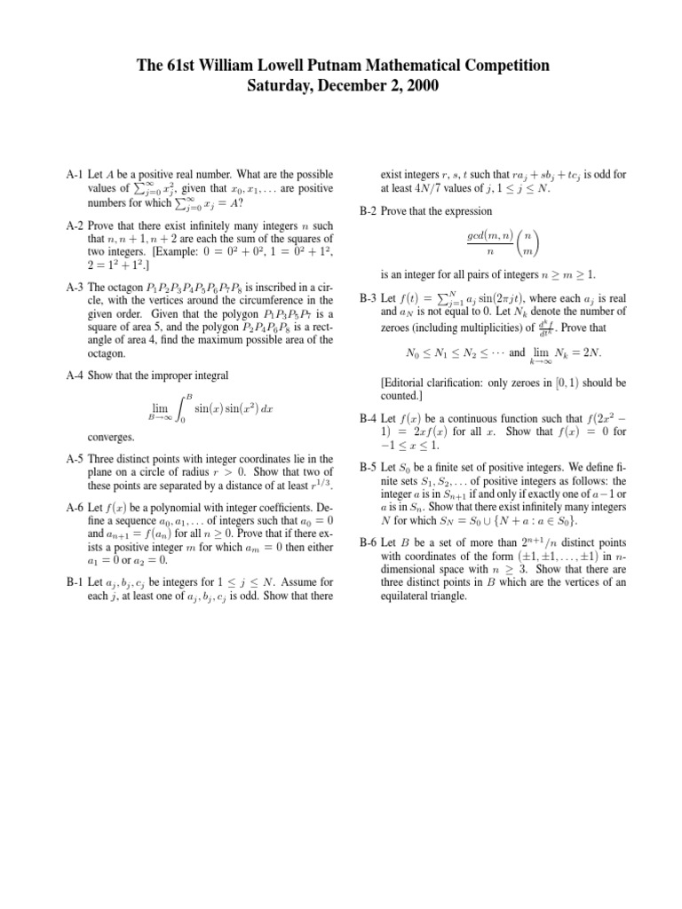 61st William Lowell Putnam Mathematical Competition Problems | PDF ...