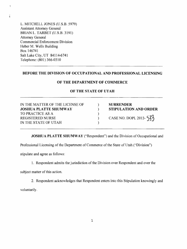 Joshua P. Shumway - Surrender of License | PDF | Fine (Penalty) | Licensure