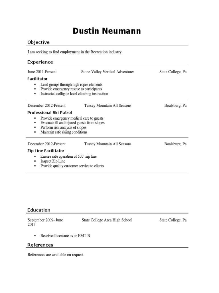 Dustin Neumann: Recreation Industry Resume | PDF