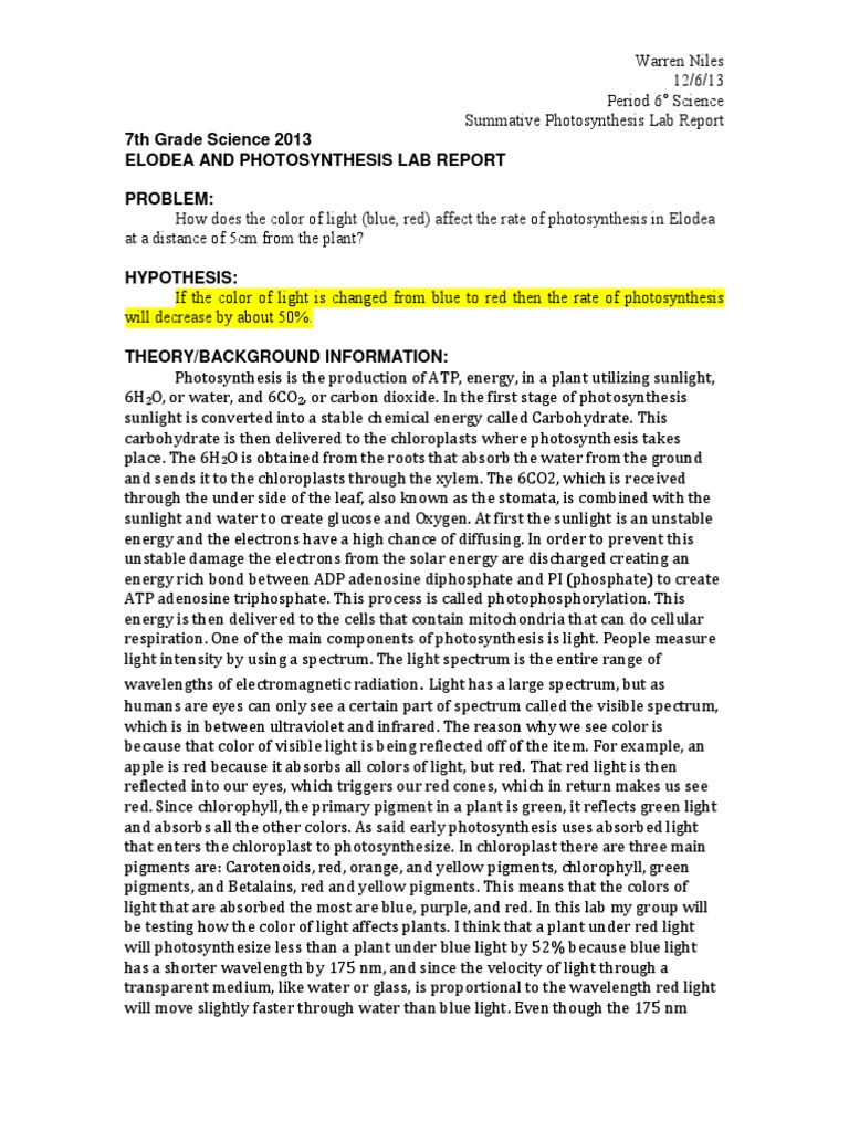 Elodea Photosynthesis Light Color Experiment | PDF | Adenosine ...
