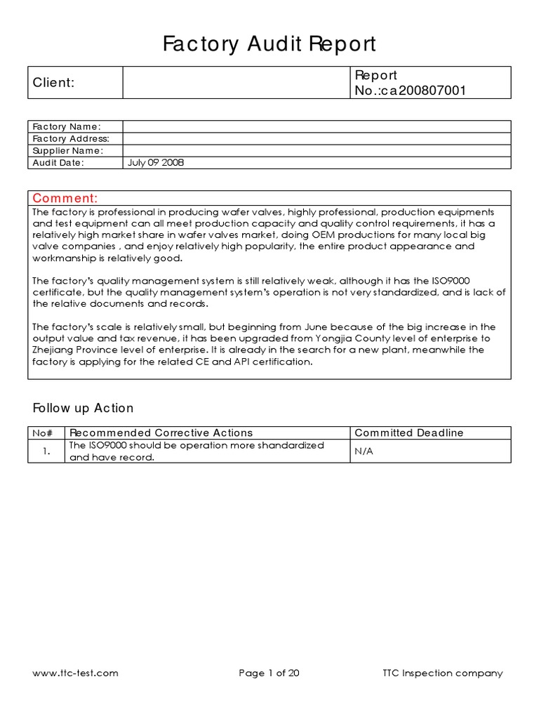 Factory Audit Sample Report | PDF | Iso 9000 | Factory