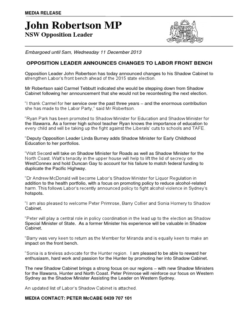 Robertson Announces Changes To Labor Front Bench | PDF | Australian ...
