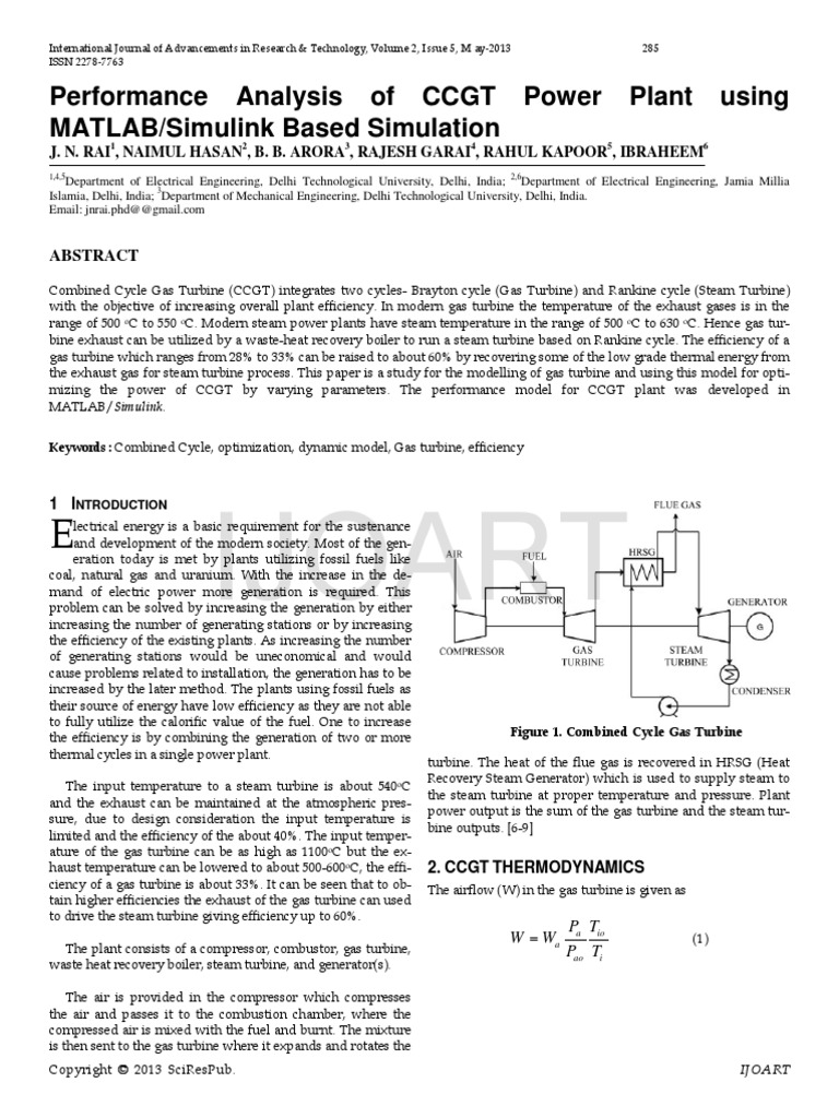 Performance Analysis of CCGT Power Plant Using MATLAB Simulink Based ...