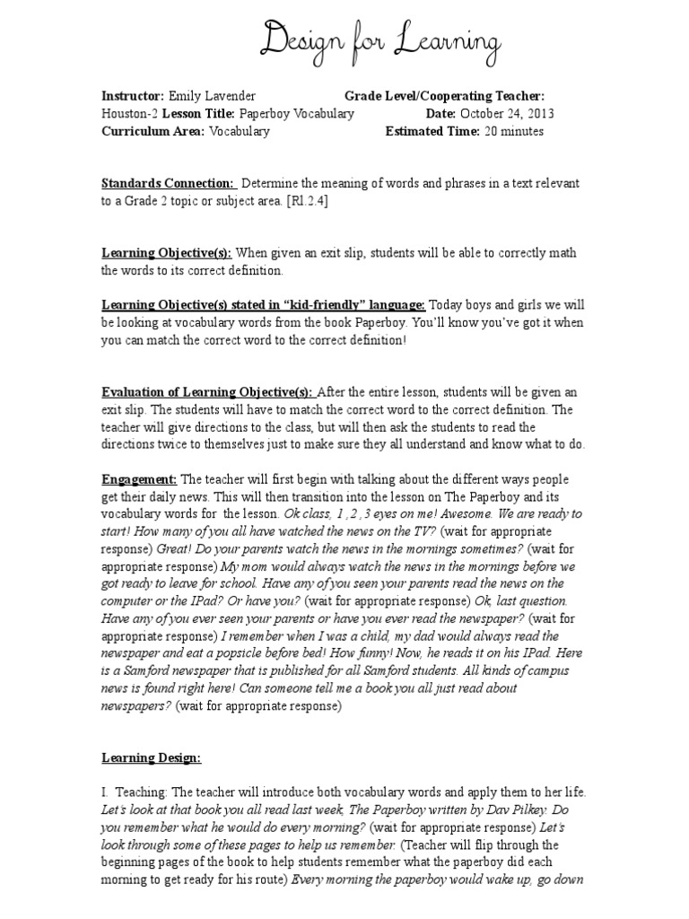 Paperboy Vocabulary Lesson Plan | PDF | Vocabulary | Sentence (Linguistics)