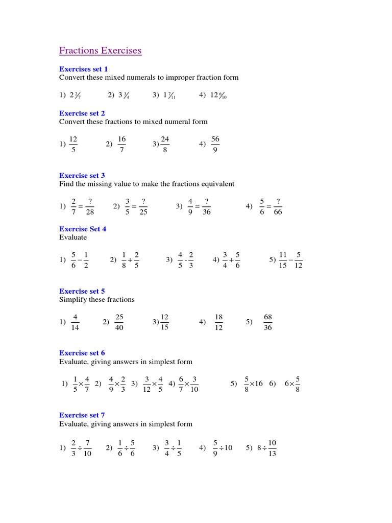 F1 Fractions Exercises 3 | PDF | Fraction (Mathematics) | Arithmetic