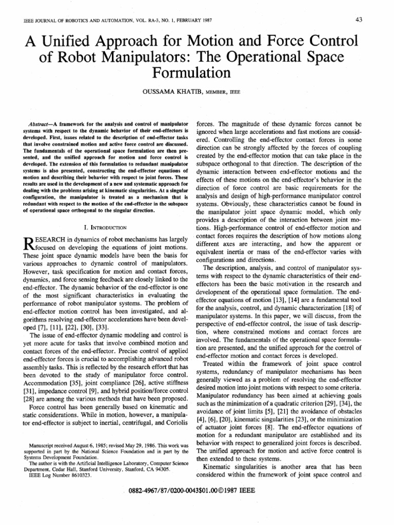 A Unified Approach For Motion And Force Control Of Robot Manipulators The Operational Space