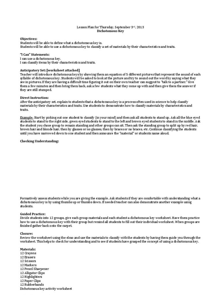 Dichotomous Key Lesson Plan | PDF | Lesson Plan | Teaching