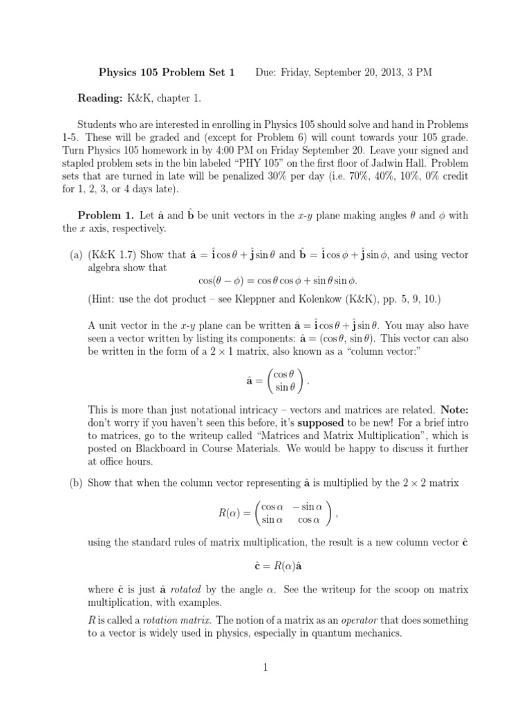 Physics 105 Problem Set 1 Instructions | PDF | Matrix (Mathematics ...