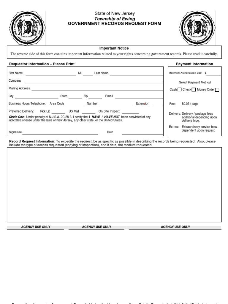 Government Records Request Form: Township of Ewing | PDF