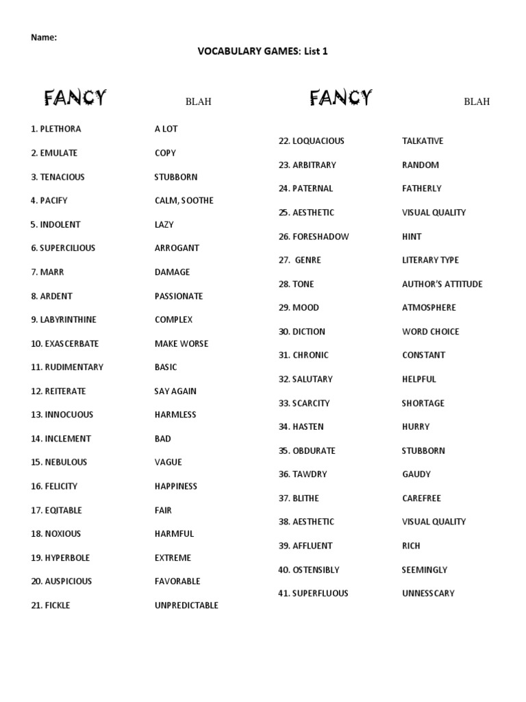Vocabulary Games: Fancy Words List | PDF