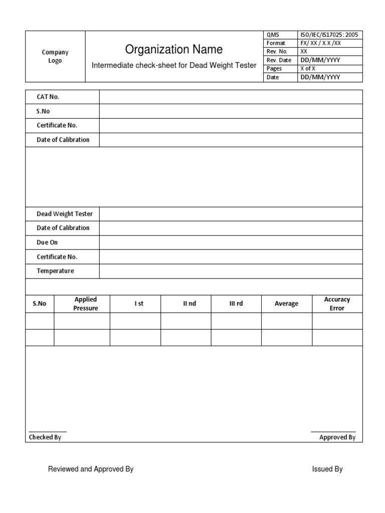template for Intermediate Check Sheet for Deadweight Tester