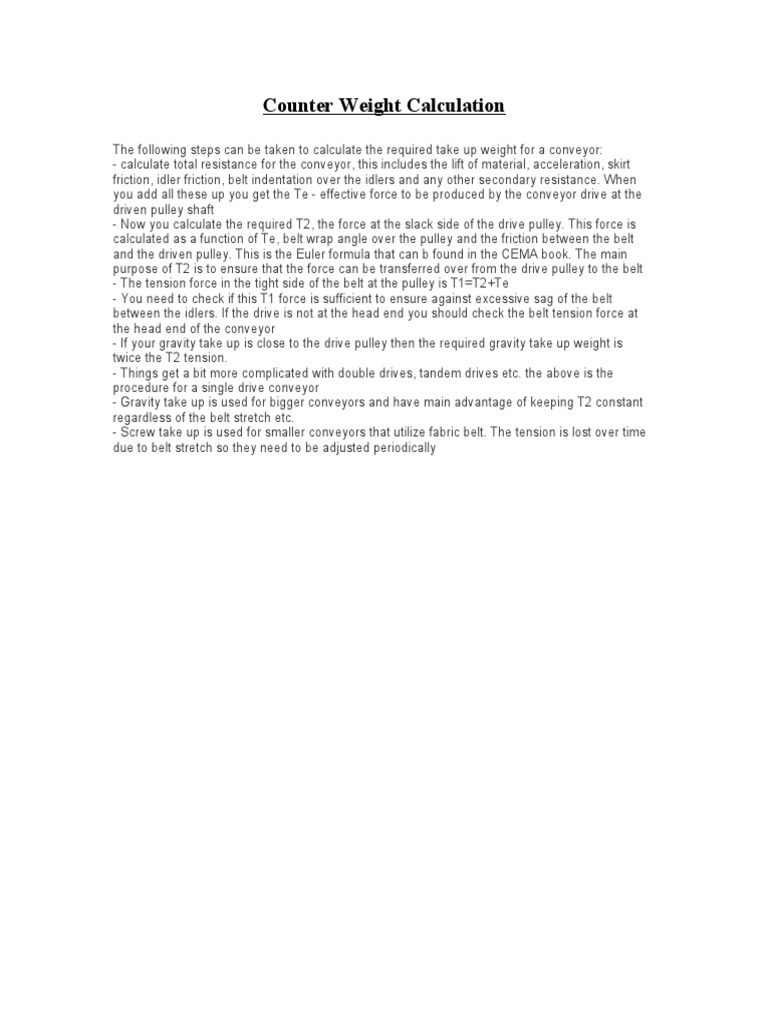 Conveyor Counterweight Calculation Guide | PDF | Belt (Mechanical) | Force