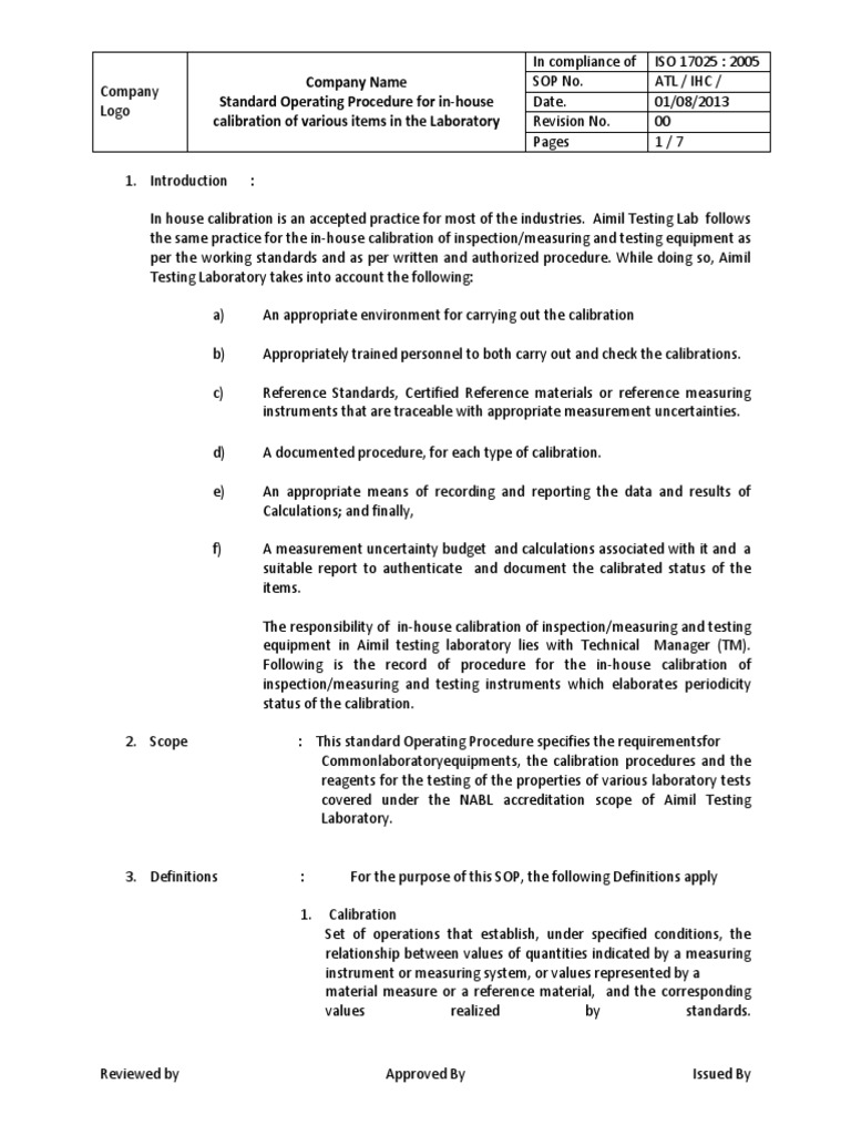 In-House Calibration SOP for Laboratories | PDF | Calibration ...