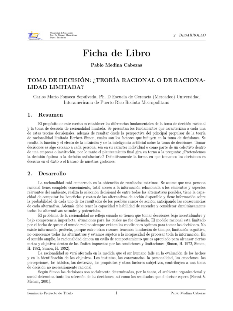 Decisión: Racionalidad vs. Limitada | PDF | Racionalidad | Toma de ...