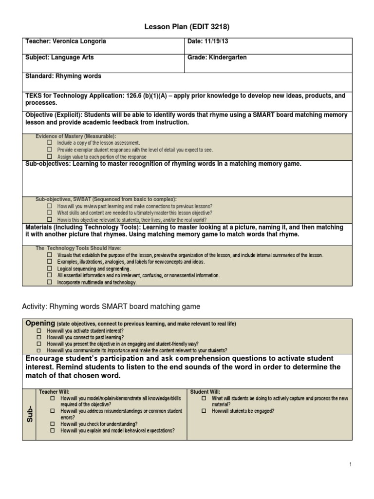 Rhyming Words Lesson Plan for K-Grade | PDF | Applied Psychology | Learning