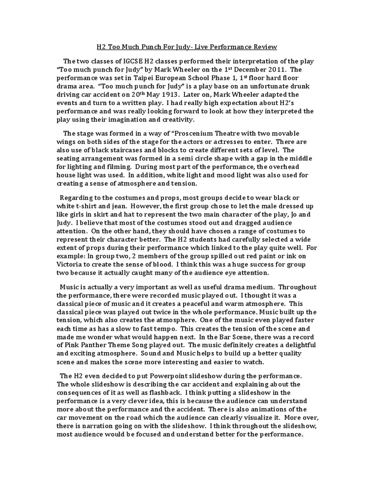 An Analysis and Review of the H2 Class Performance of 'Too Much Punch for Judy': Examining the ...