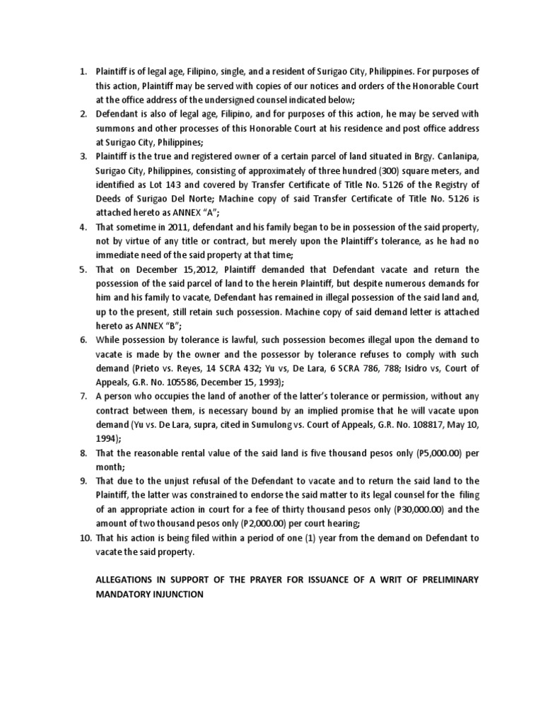 Sample Complaint For Ejectment | PDF | Lawsuit | Virtue