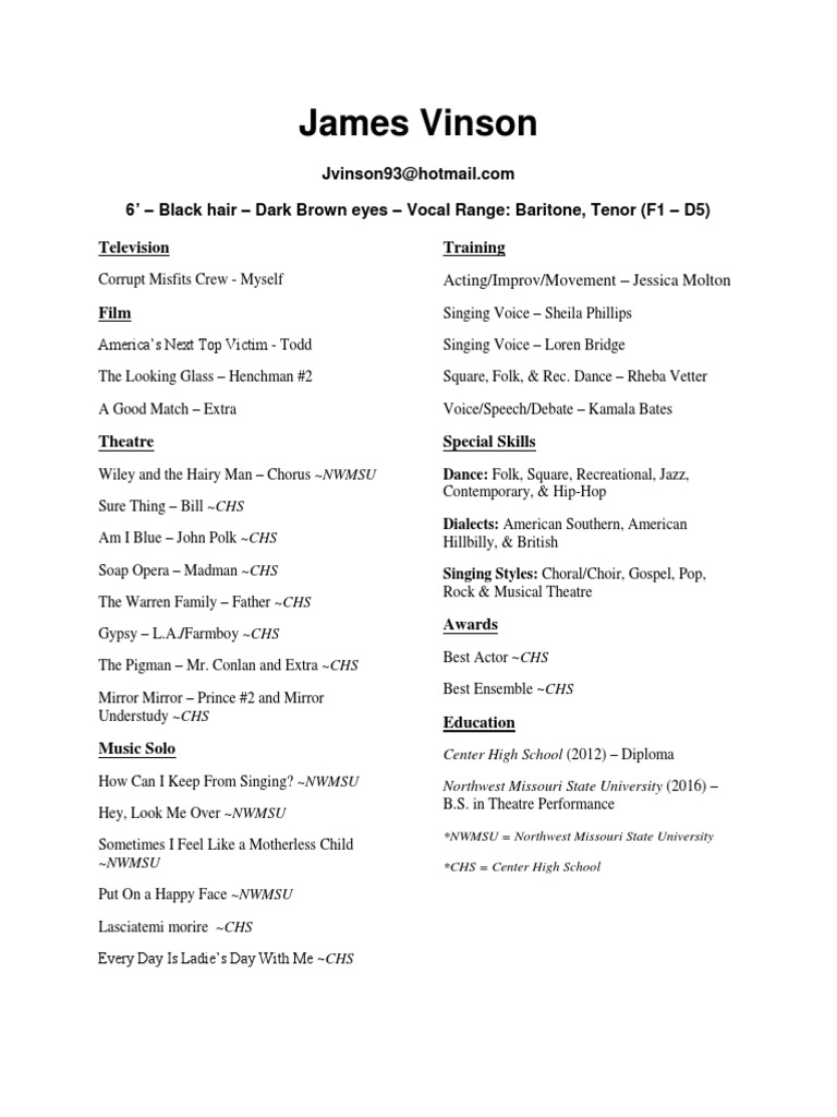 James Vinson: Actor & Vocalist Resume | PDF | Poetry