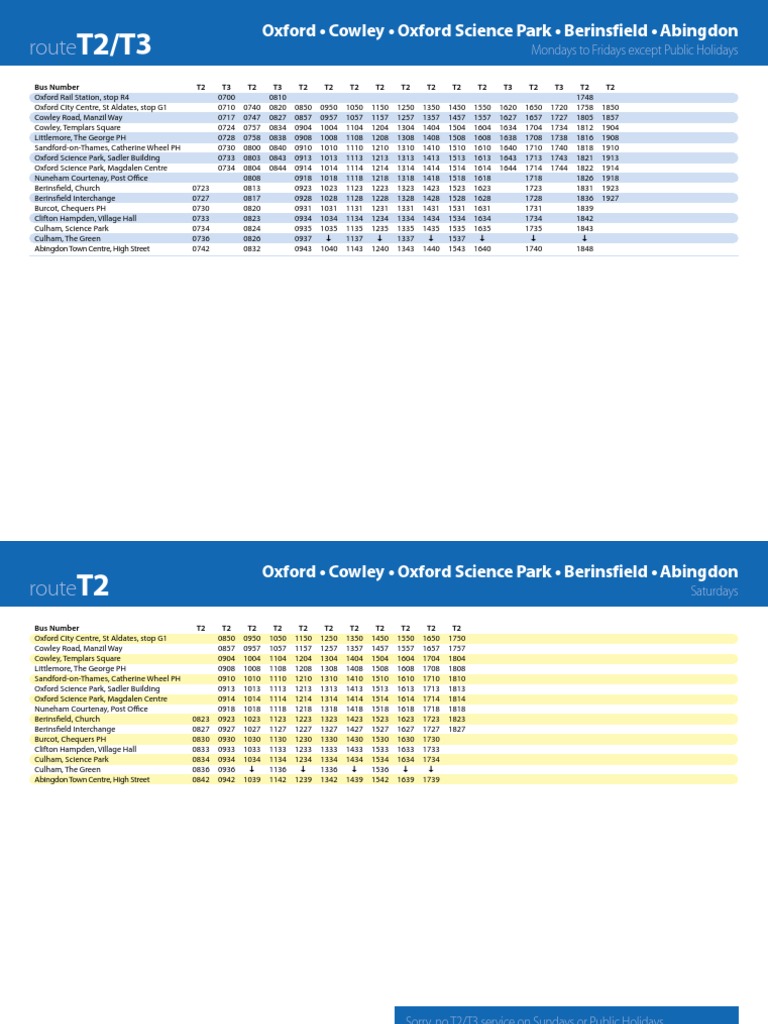 Bus Timetable - T2 & T3 - Oxford - Cowley - Oxford Science Park ...
