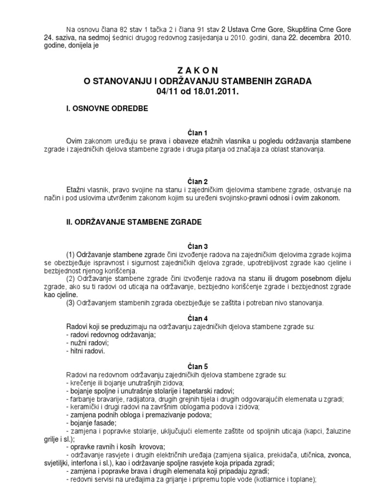 Zakon o Stanovanju I Odrzavanju Stambenih Zgrada CG | PDF