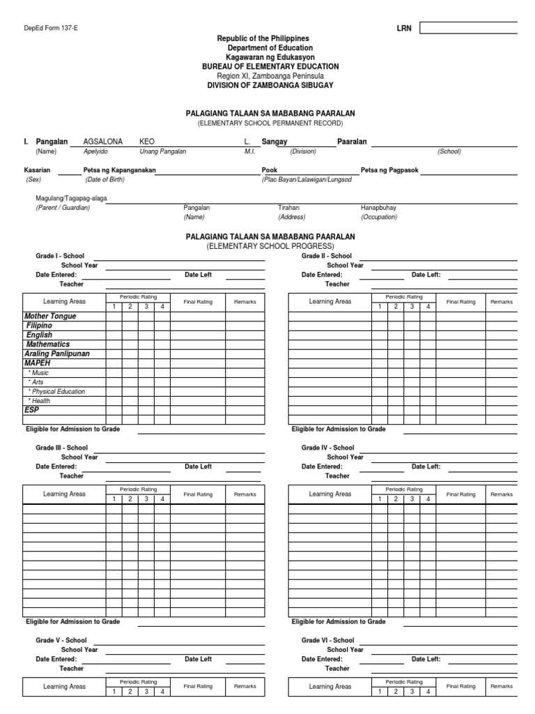 DepEd Form 137 E 1 | PDF | Philippines | Further Education