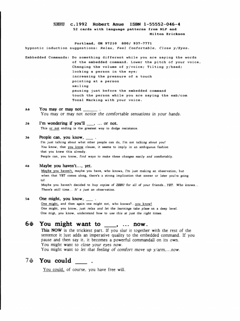 52 Cards With Language Patterns From NLP Milton Erickson | PDF ...