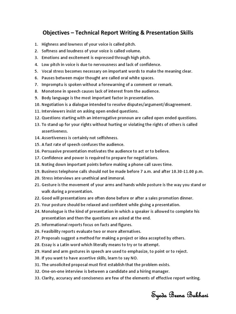 Objectives - Technical Report Writing & Presentation Skills: Syeda ...