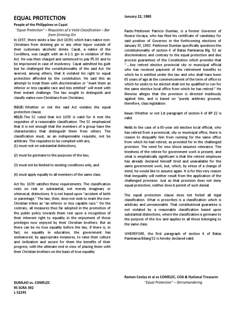 Equal Protection: "Equal Protection" - Requisites of A Valid ...