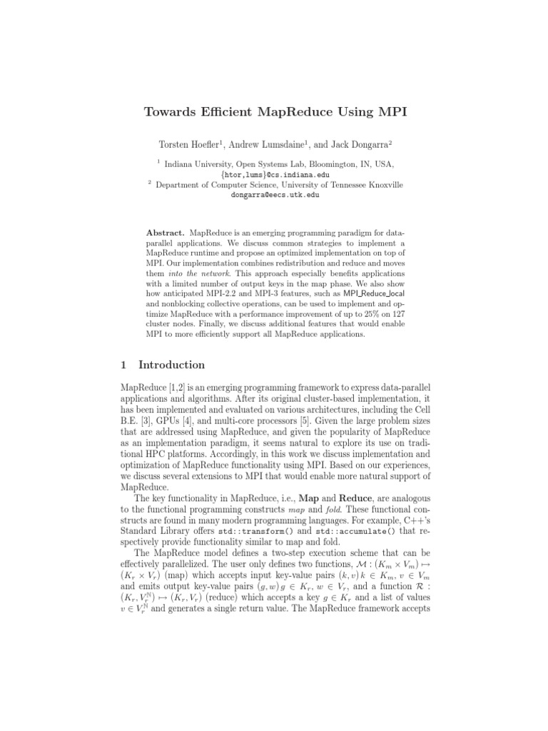 Towards Efficient Mapreduce Using Mpi Pdf Map Reduce Message Passing Interface