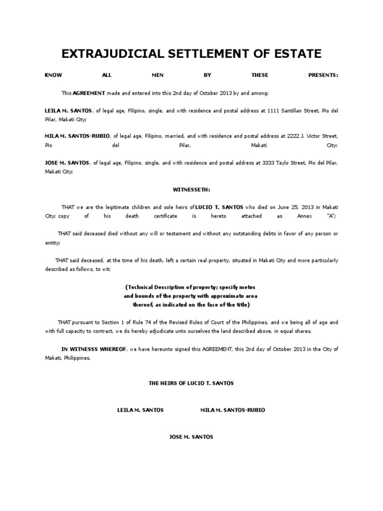 Extrajudicial Settlement of Estate | PDF | Makati | Philippines