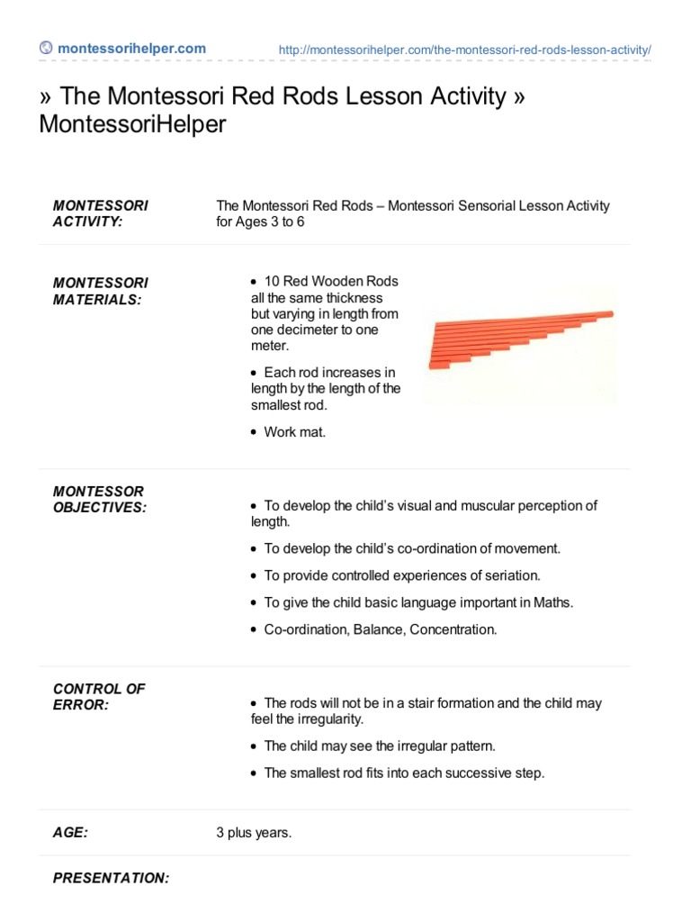 The Montessori Red Rods Lesson Activity MontessoriHelper | PDF