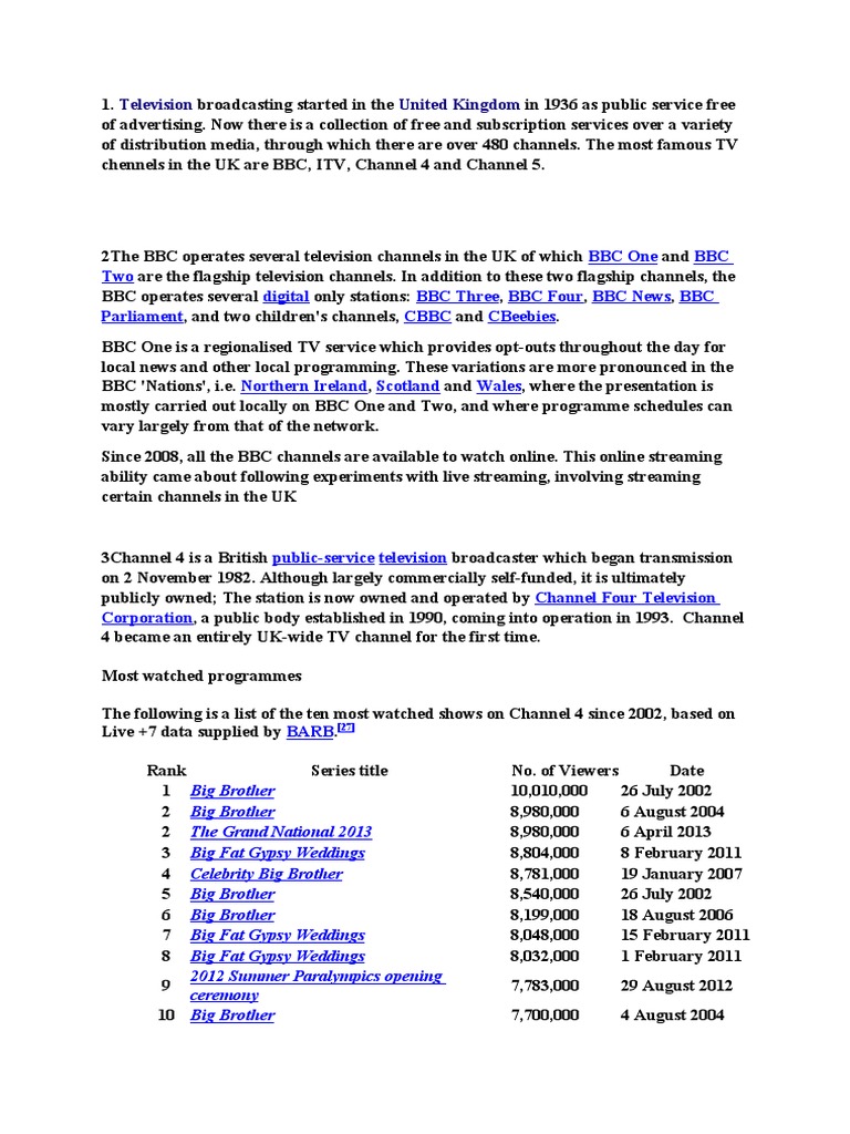 Television United Kingdom: BBC One BBC Two Digital BBC Three BBC Four ...