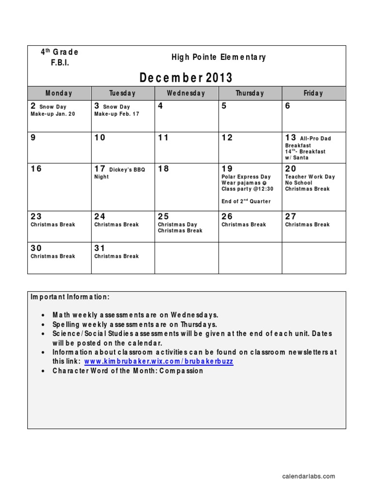 December 2013 4th Grade Calendar | PDF