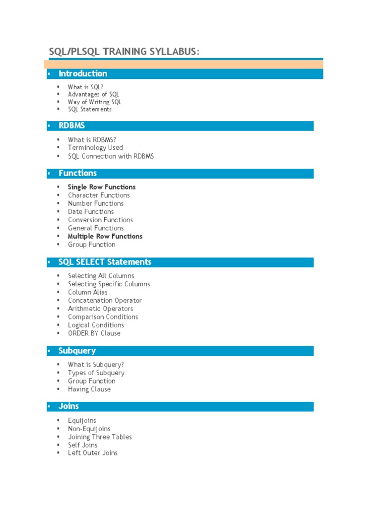 Sqlplsql Training Syllabus What Is Sql Advantages Of Sql Way Of Writing Sql Sql Statements