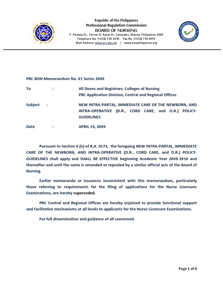 PRC-BON Memorandum Order No. 1 Series of 2009 | PDF | Nursing | Curriculum