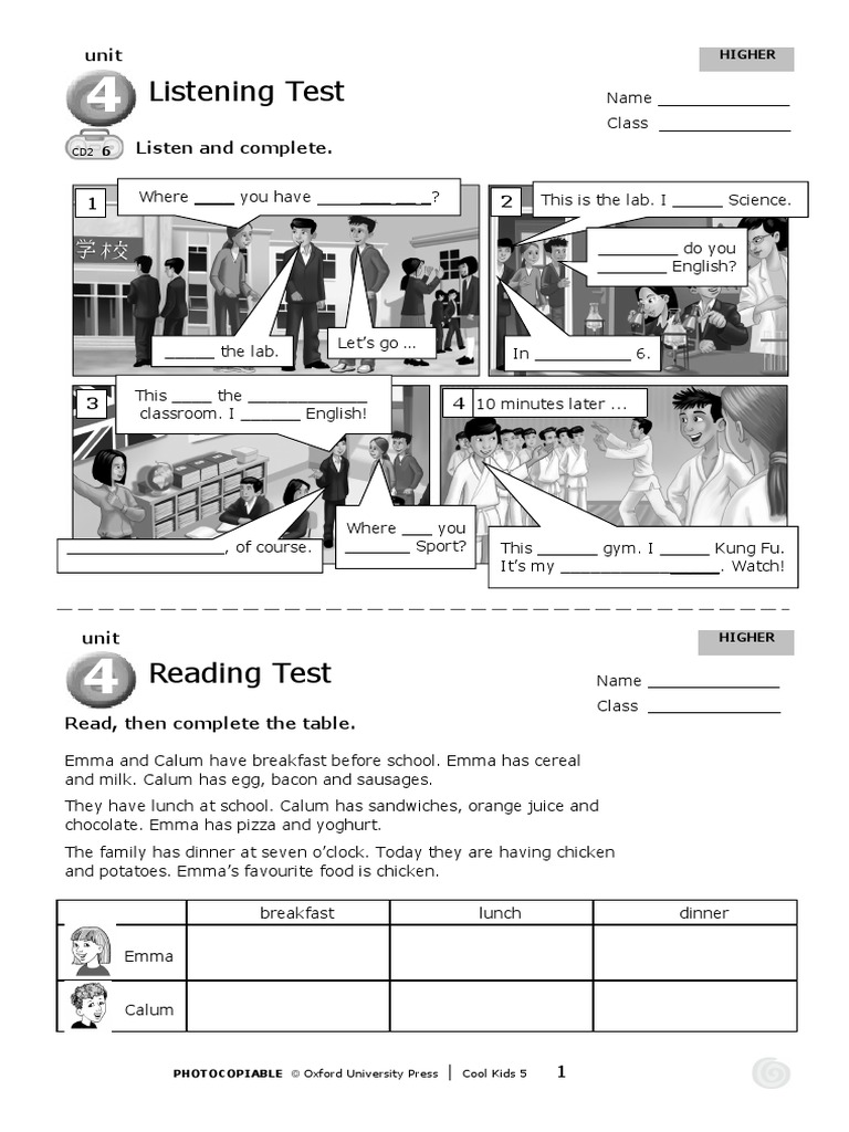 Cool Kids 5 Unit 4 Test Higher | PDF