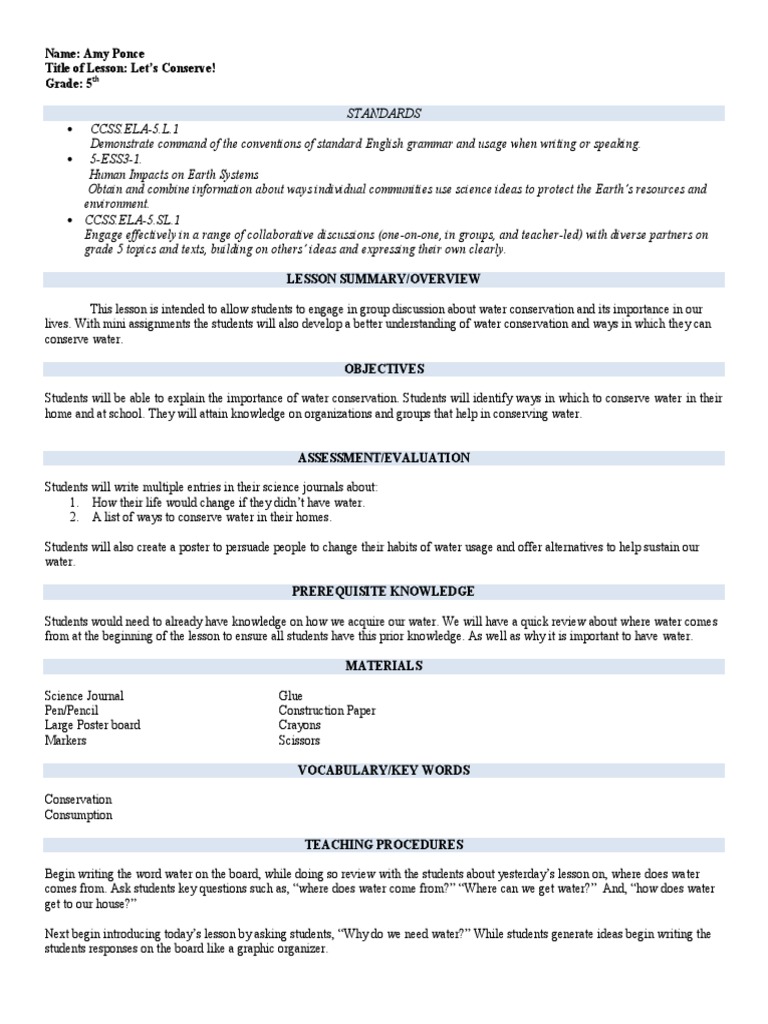 Water Conservation Lesson Plan for Grade 5 | PDF | Brainstorming ...