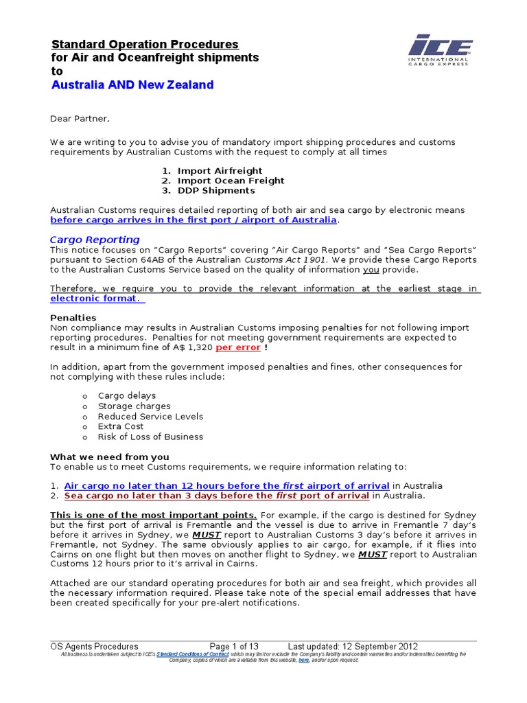 Australia AND New Zealand: Standard Operation Procedures For Air and ...