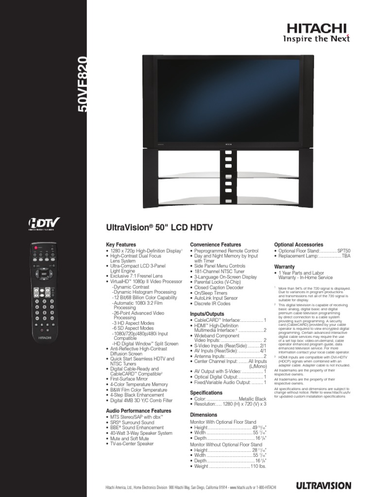 TV Spec Sheet | PDF | Digital Television | High Definition Television