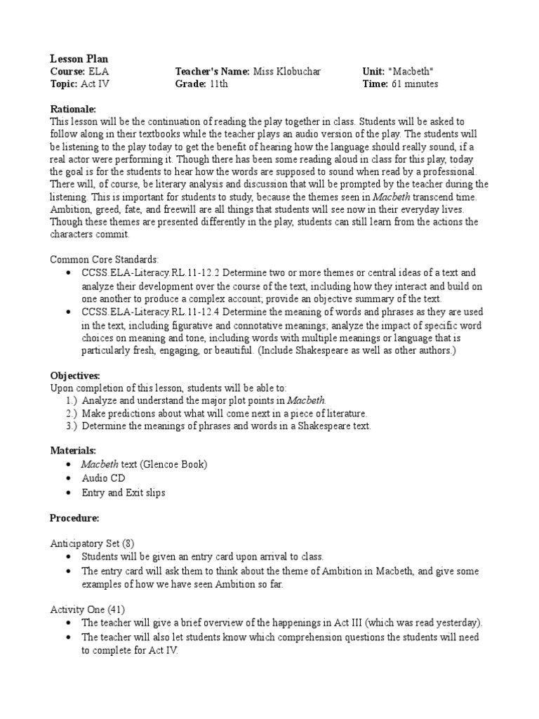 Lesson Plan Evaluation Five Macbeth Actvi December 5th 2 | PDF ...