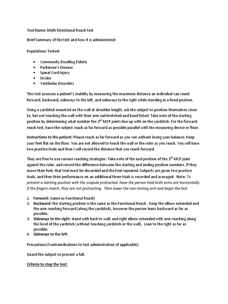Multidirectional Reach Test | PDF | Medicine | Clinical Medicine