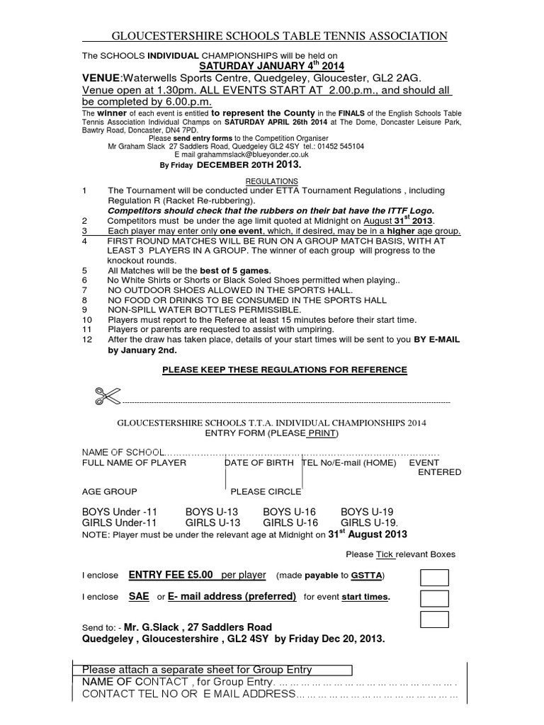 Gloucestershire Schools TT Registration Form | PDF | Table Tennis ...