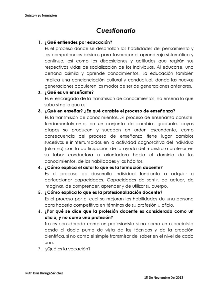 El Trayecto de La Formacion Cuestionario | PDF