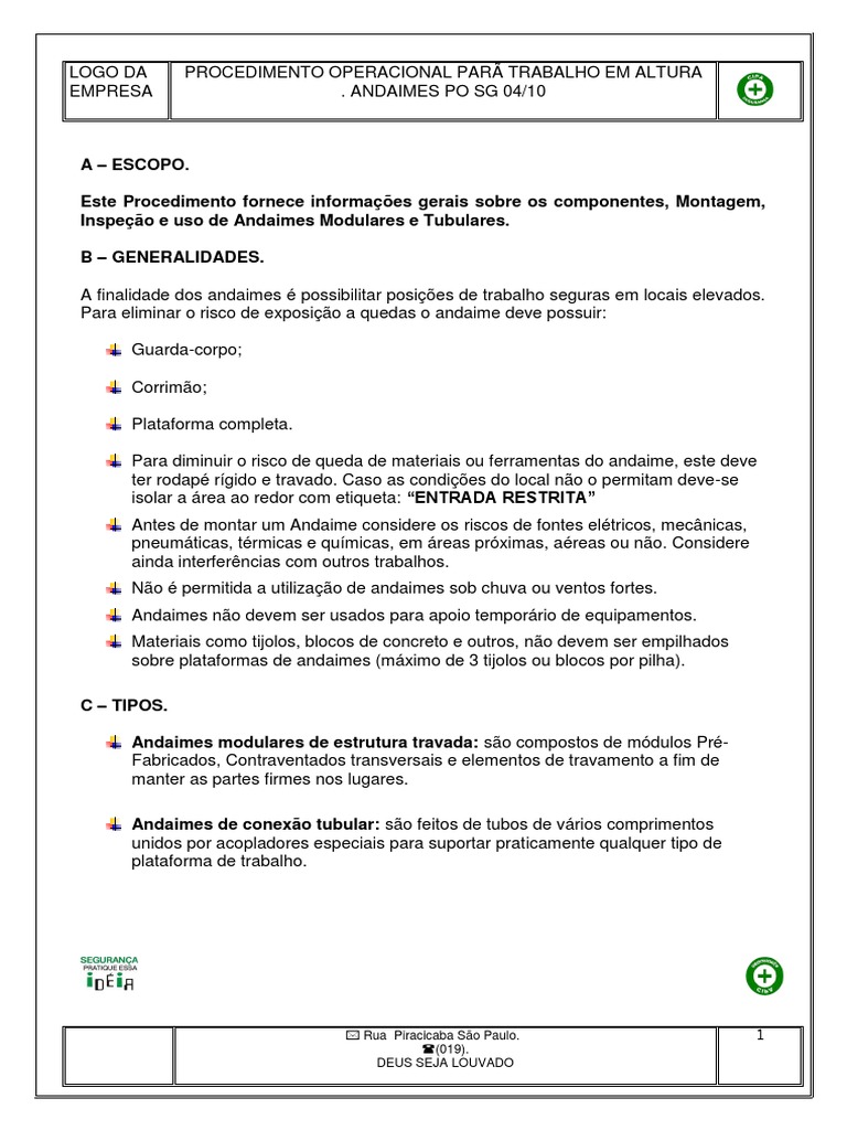 Procedimentos Operacional Para Trabalhos Em Altura - Andaimes | Andaime ...